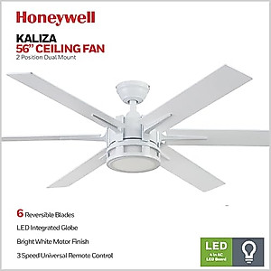 Honeywell Ceiling Fans Kaliza Modern 56 Inch Ceiling Fan with Light, Remote Control Fan, LED Indoor Fan with 6 Blades, Gray Wash and White Blade Finish Options, Bright White (51477-01)