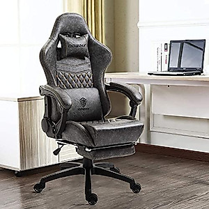 Dowinx Gaming Chair Office Chair PC Chair with Massage Lumbar Support, Vintage Style PU Leather High Back Adjustable Swivel Task Chair with Footrest (Light Grey)