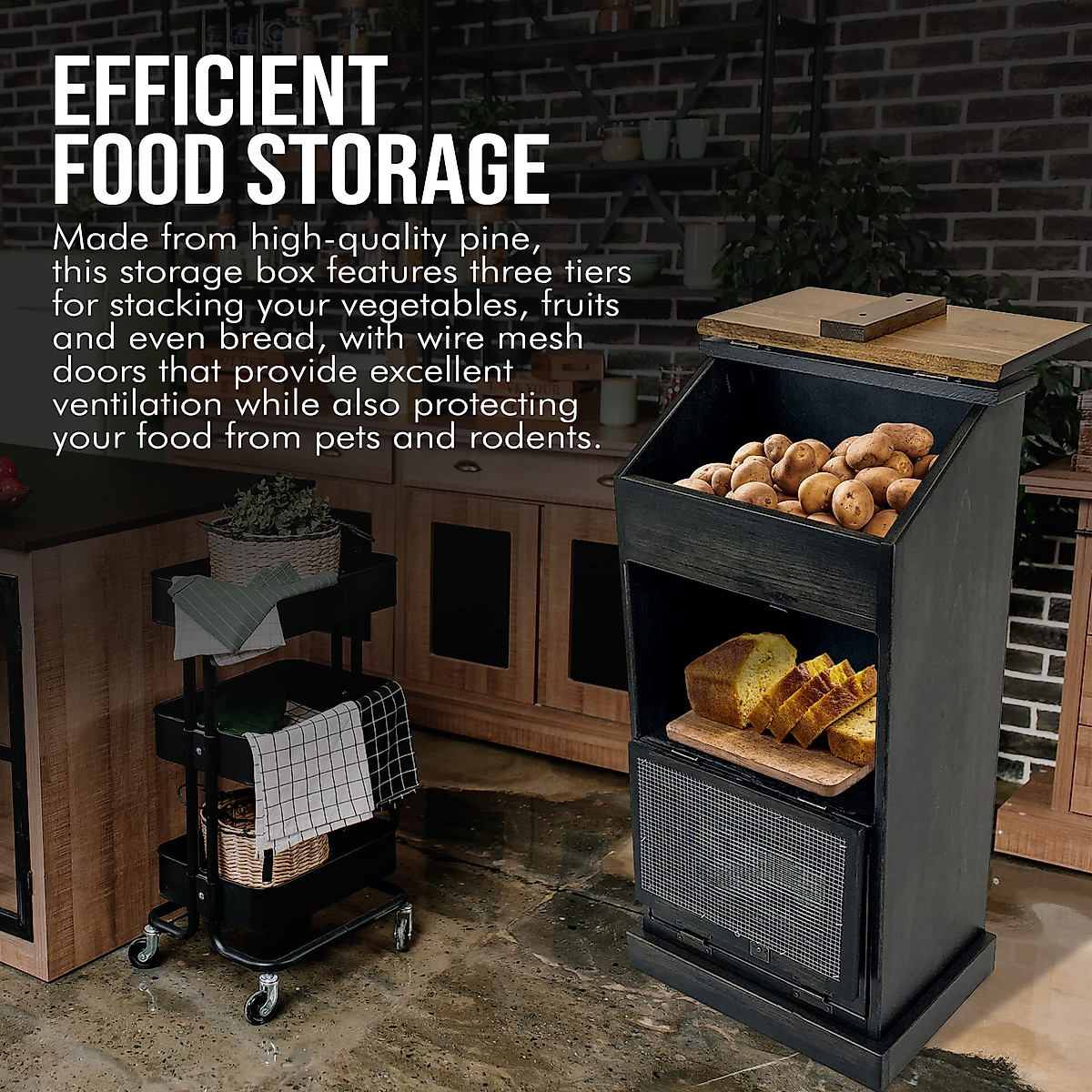 Peaceful Classics Potato Storage Wood Box, Wooden Bread Storage Bins, Decorative Potato and Onion Storage Bin, Potato Bin w/Grocery Section, Wooden Vegetable Storage w/Lid for Kitchen Pantry, Mocha