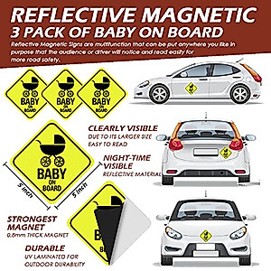 [Heavy-Duty] 3 Pack Reflective Safety Baby On Board Large Car Magnet Signs, 5x5 inch, Waterproof Weatherproof, Golden Yellow (Type A, 3 Pack)