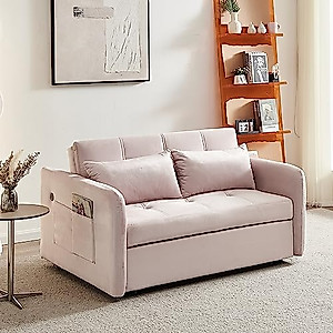 Sofa Couch w/Pull Out Sleeper Bed, 55.5” Pink Velvet Upholstery Convertible Loveseat Twin Sofabed with Two Arm Pockets, 3-angle Adjustable Backrest Sofa, Build-in 2 USB Charger Ports for Living Room