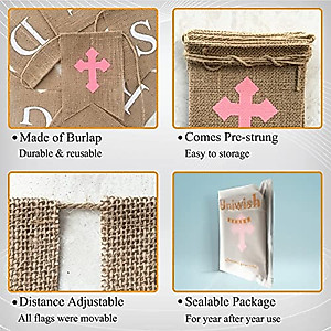 Uniwish God Bless Banner Baptism Decorations for Girls, Vintage Rustic Burlap Bunting Garland Christening Communion Party Supplies with Pink Cross