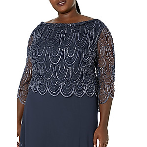 J Kara Women's Plus Size 3/4 Scallop Beaded Pop Over Gown, Navy/Mercury, 24W
