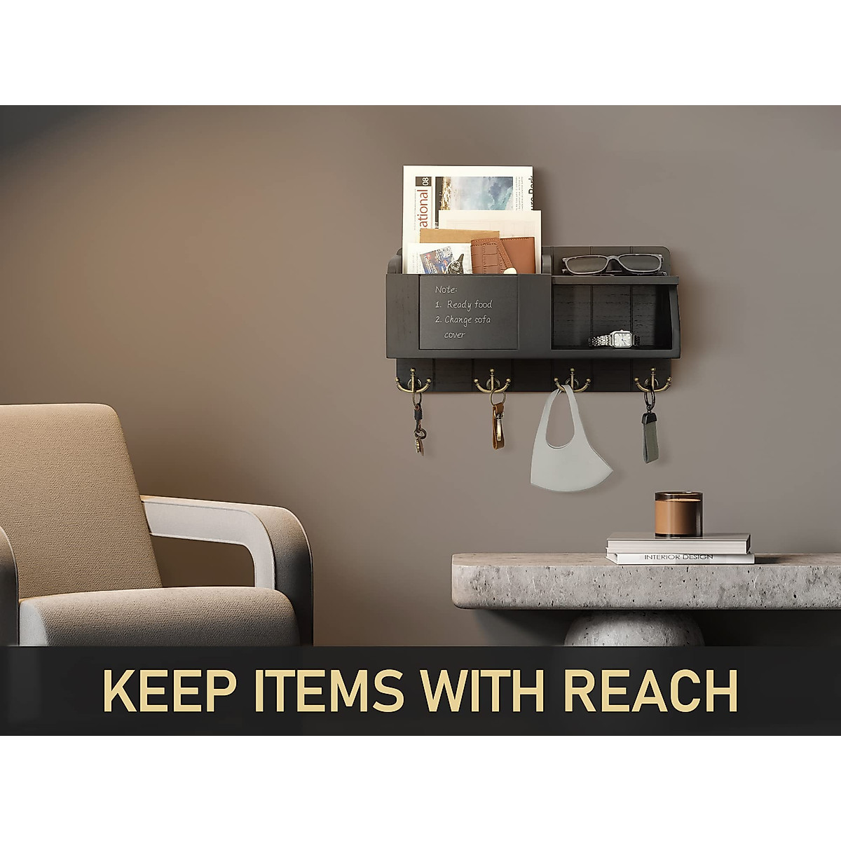 Rebee Vision Modern Key Holder for Wall - Mail Organizer Wall Mount with Chalkboard & Sayings - Home Decor for Entryway