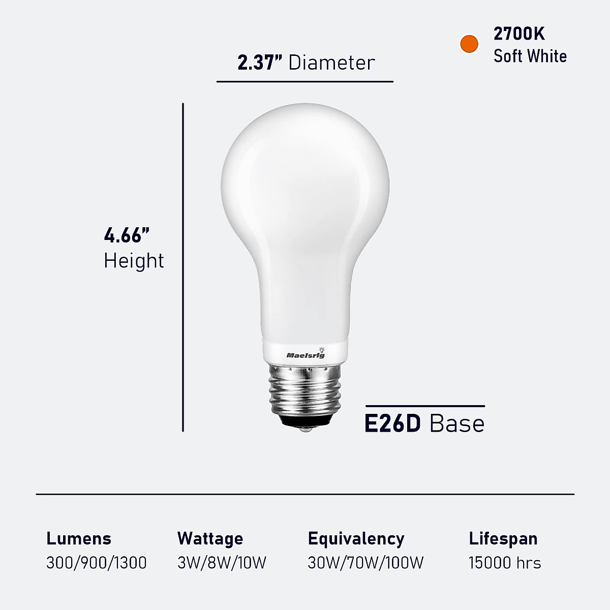 Maelsrlg 3-Way Light Bulbs, 30 70 100 Watt Equivalent, Soft White 2700K, A19 Three Way LED Bulbs, 3W/8W/10W, E26 Medium Base, Pack of 4