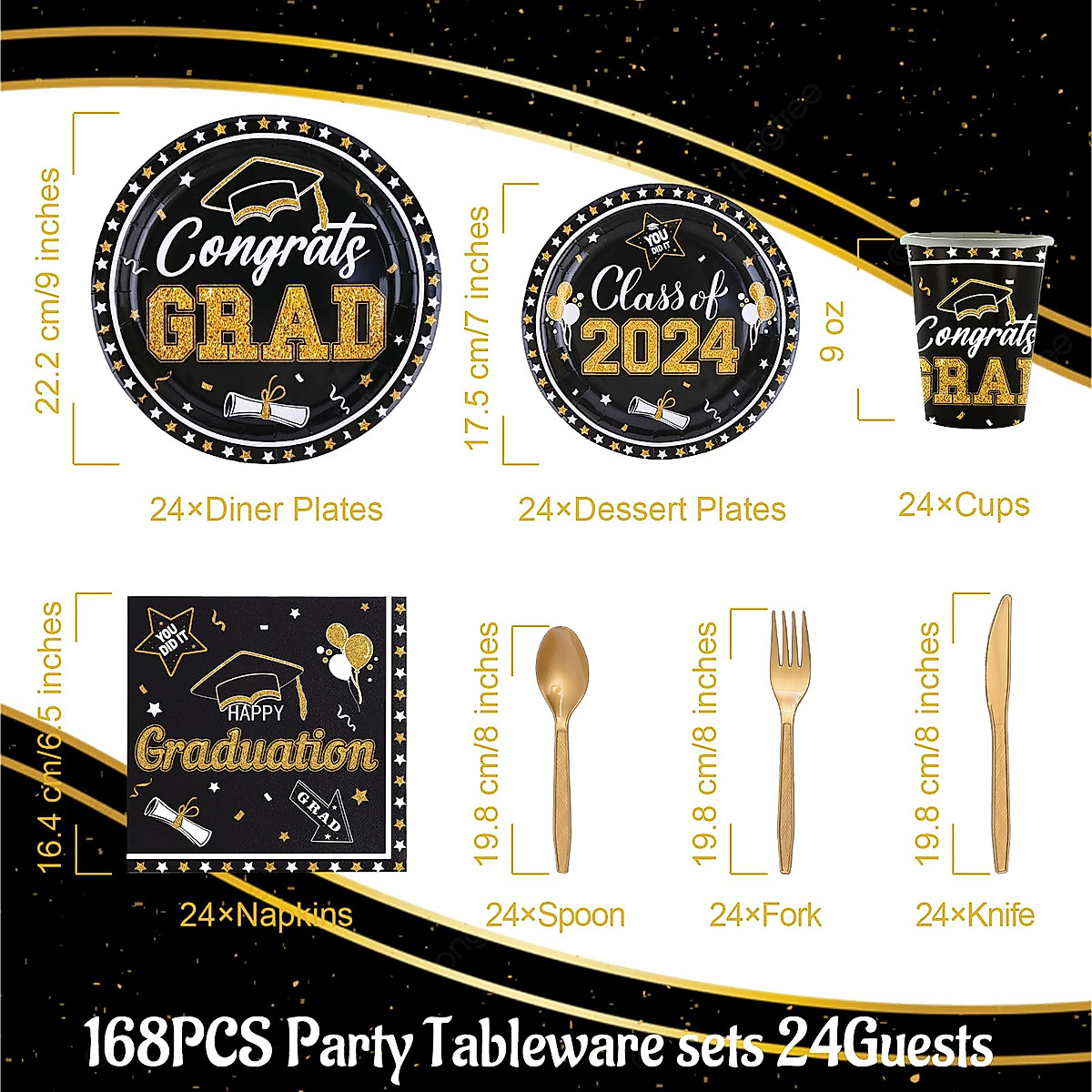 168PCS Graduation Party Decorations Dinnerware Set - Class of 2024 Decorations - Plates Napkins Cups Knife Fork Spoon(Black-Gold)