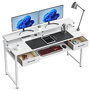 ODK Computer Desk with Keyboard Tray, 55 inch Office Desk with Drawers, Writing Desk with Monitor Shelf and Storage, Work Desk for Home Office/Bedroom, Bamboo