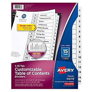Avery 15 Tab Dividers for 3 Ring Binders, Customizable Table of Contents, Classic White Tabs, 3 Sets (11079)