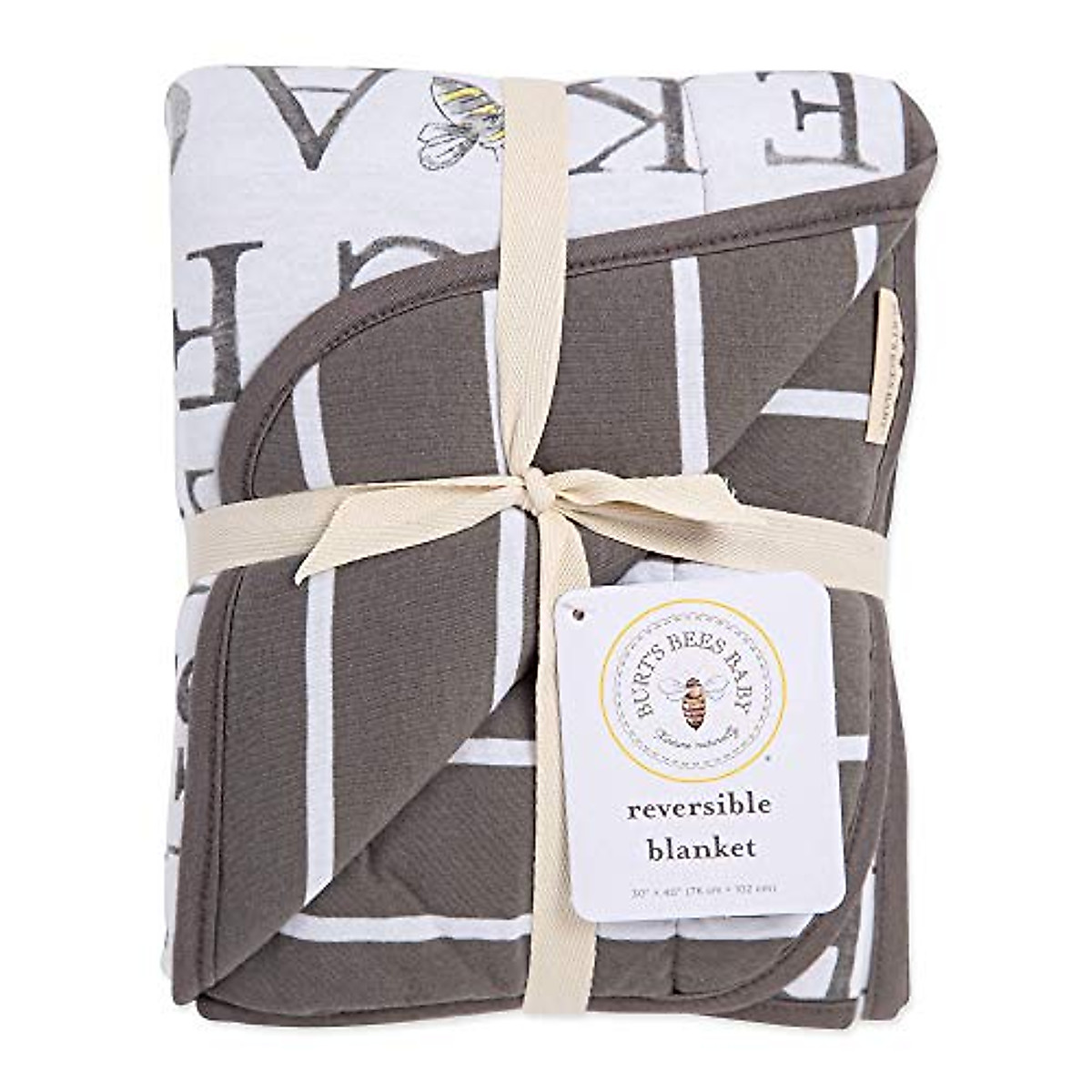 Burts Bees Baby Infant Reversible Blankets 100% Organic Cotton GOTS Certified - Letter Bee Prints with Quilting Pattern Soft Nursery Blanket with 100% Polyester Fill for Size 30 x 40 Inch