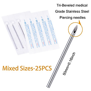 JIESIBAO 25PCS Mixed Piercing Needles, 12G 14G 16G 18G 20G Disposable Sterile Stainless Steel Hollow Piercing Needles for Ear Nose Septum Belly Tongue Eyebrow Nipple Lip Piercing