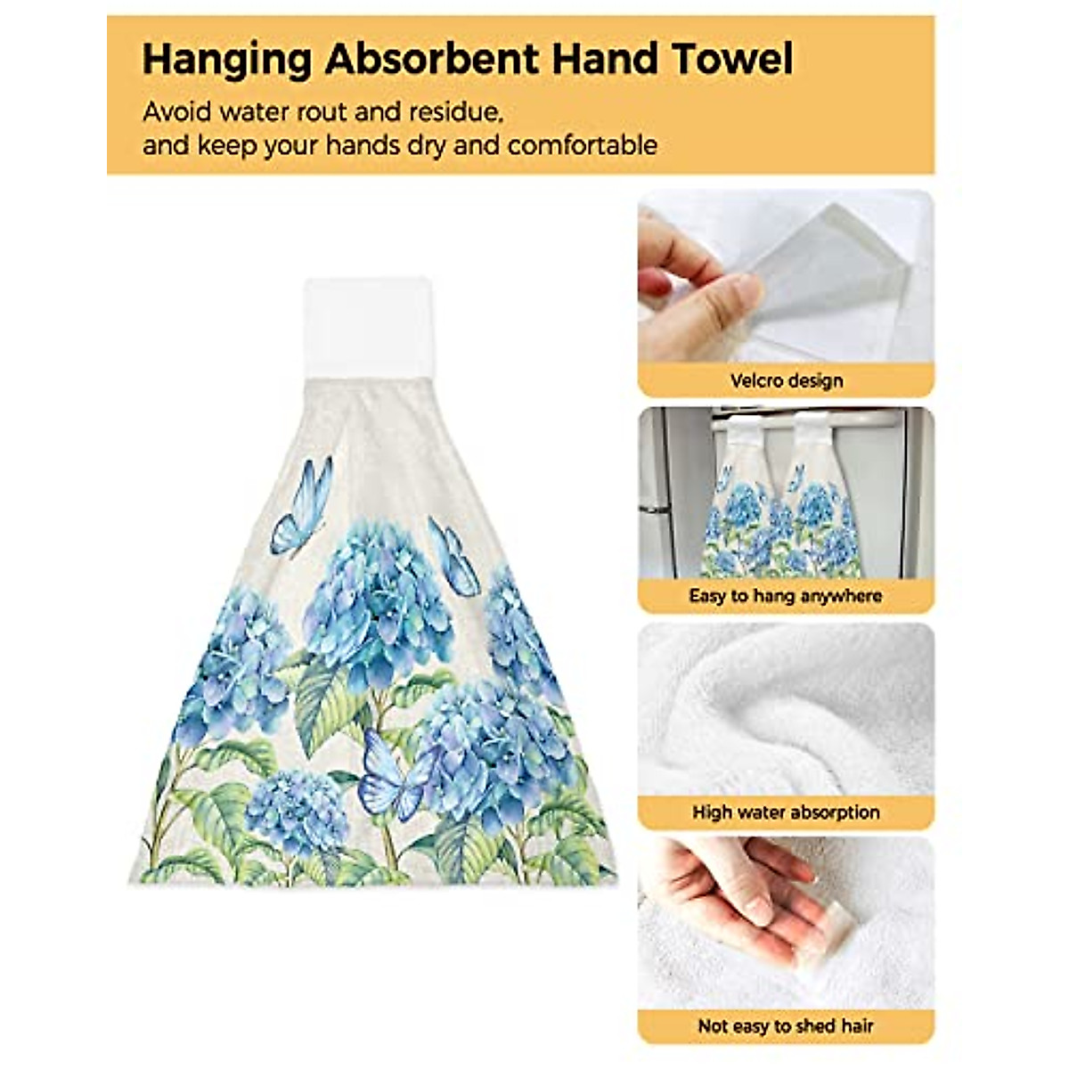 Big buy store Hanging Kitchen Towels Summer Hydrangea Flower Bathroom Hand Towels with Hanging Loop Butterfly Blue Floral Soft Absorbent Drying Dish Tie Towels for Kitchen Toilet Tabletop Home Decor