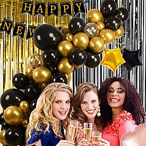New Years Eve Party Supplies 2024 Kit - Pack of 125, Huge Gold 2024 Balloons, Happy New Year Banner, Black and Glod Hanging Swirls, Gold Fringe Backdrop for NYE Decorations 2024, New Years Party Décor