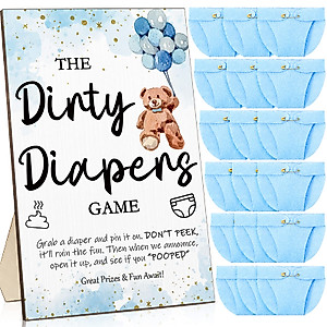 Roowest 51 Pcs Dirty Diaper Baby Shower Games Funny Wooden Dirty Diaper Game Sign with 50 Pcs Mini Diapers Cute Felt Diaper for Gender Reveal Party Baby Shower Game(Bear Blue)