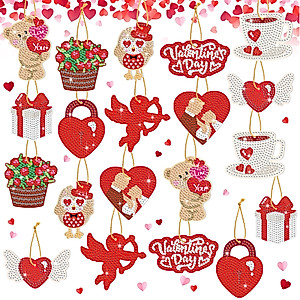20 Pieces Valentine‘s Day DIY Diamond Painting Tags Valentine Art Carft Hanging Ornament for Decoration 5D Bear Heart Diamond Painting Key Chain for Adults,Valentine‘s Day Party Favor Kits
