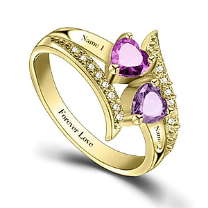 ORFANDE Personalized Promise Rings for Her with Simulated Birthstones Custom Couples Name Ring for Women Free Engraved Birthstone Ring for Birthday Anniversary Christmas (2 Stone-A)