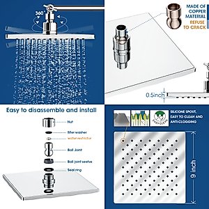High Pressure 9'' Rainfall Shower Head With Handheld Combo, 10-Setting Handheld Shower Head Built-In Power Wash, 11'' Extension Arm Height/Angle Adjustable With Holder & 60" Hose - Polished Chrome