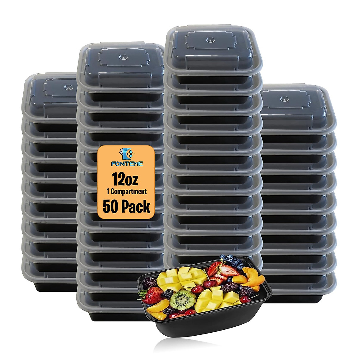 Fonteme Single Compartment Meal Prep 50 Pack - 12oz Container with Airtight Lid – Freezer, Microwave & Dishwasher Safe – Stackable – BPA Free – Meal Prep Storage Container (Black)