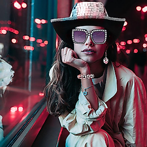 Alabelleza 5pcs Disco Ball Cowboy Hat Mirror Ball Cowboy Hat Sparkling Silver Cowgirl Hat for Women with Necklace, Earrings, Bracelet, Sunglasses