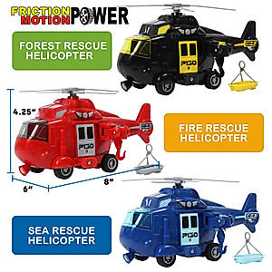 Helicopter Toys for Boys [3 Pack] | Kids Rescue Play Set Friction Powered with Realistic Lights & Sounds | Includes Police, Fire & Rescue Team