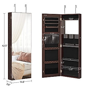 SONGMICS Jewelry Cabinet Armoire with Mirror, Wall or Door Mount Storage Organizer with Full-Length Frameless Mirror, Lockable Cabinet with Built-in Small Mirror, Shelves, Gift Idea, Brown UJJC003K01