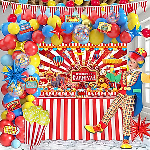 Carnival Party Decorations Circus Theme Birthday Party Supplies Including Red Blue Yellow Balloon Garland Arch Kit Table Skirt Circus Directional Sign Triangle Bunting for Birthday Party