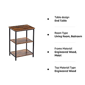 VECELO End Side Table with Storage Shelf, Industrial Night Stand, 3-Tier Small Nightstand for Living Room, Bedroom, 1 Pack, Brown