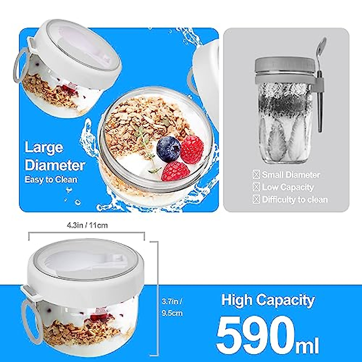 Overnight Oat Containers with Lids and Spoons 3PCS, 20oz Portable Plastic Yogurt Jars, Leakproof Dessert Cups for Yogurt Breakfast On The Go Cups, Oatmeal Jars Snack Containers (3white)