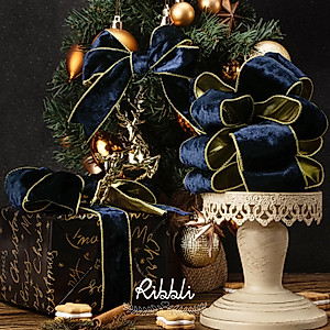 Ribbli Navy Velvet Wired Ribbon 1.5 Inch Metallic Navy Blue Gold Crushed Velvet Christmas Ribbon for Gift Wrapping Christmas Tree Decoration Crafts Wreaths Supplies-Continuous 10 Yards