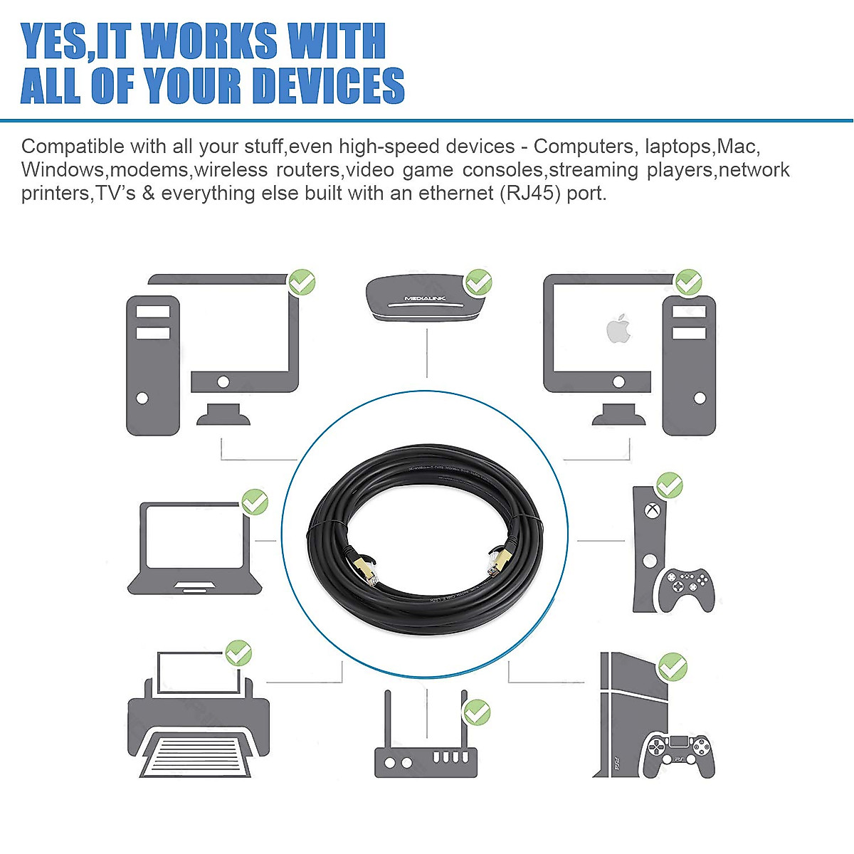 DbillionDa Cat8 Ethernet Cable, Outdoor&Indoor, 6FT Heavy Duty High Speed 26AWG, 2000Mhz with Gold Plated RJ45 Connector, Weatherproof S/FTP UV Resistant for Router, Modem, PC, Gaming, PS5, Xbox