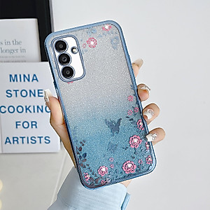 for Samsung Galaxy A13 5G Case, A13 Phone Case for Women Gradual Change Glitter Crystal TPU Stylish Butterfly Floral Heart Clear Protective Cover with Strap for Samsung Galaxy A13 5G (Sierra Blue)