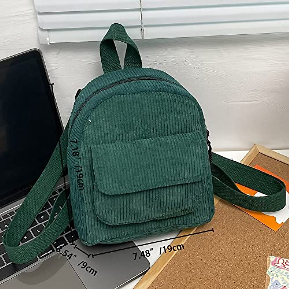 AZURAOKEY Women Mini Backpack Corduroy Girls Bookbags Travel Rucksack (Dark Green)