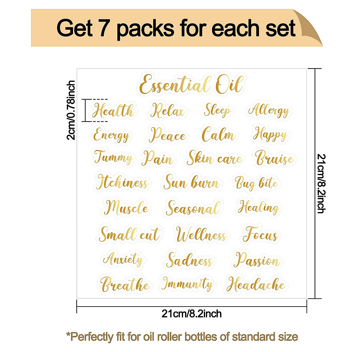 7 Sheets Essential Oil Labels Stickers, Adhesive Letter Labels Oil Roller Bottles Lip Oil Tubes Waterproof Stickers Essential Oil Accessories Water-Proof Roller Bottle Label Decoration (Gold)