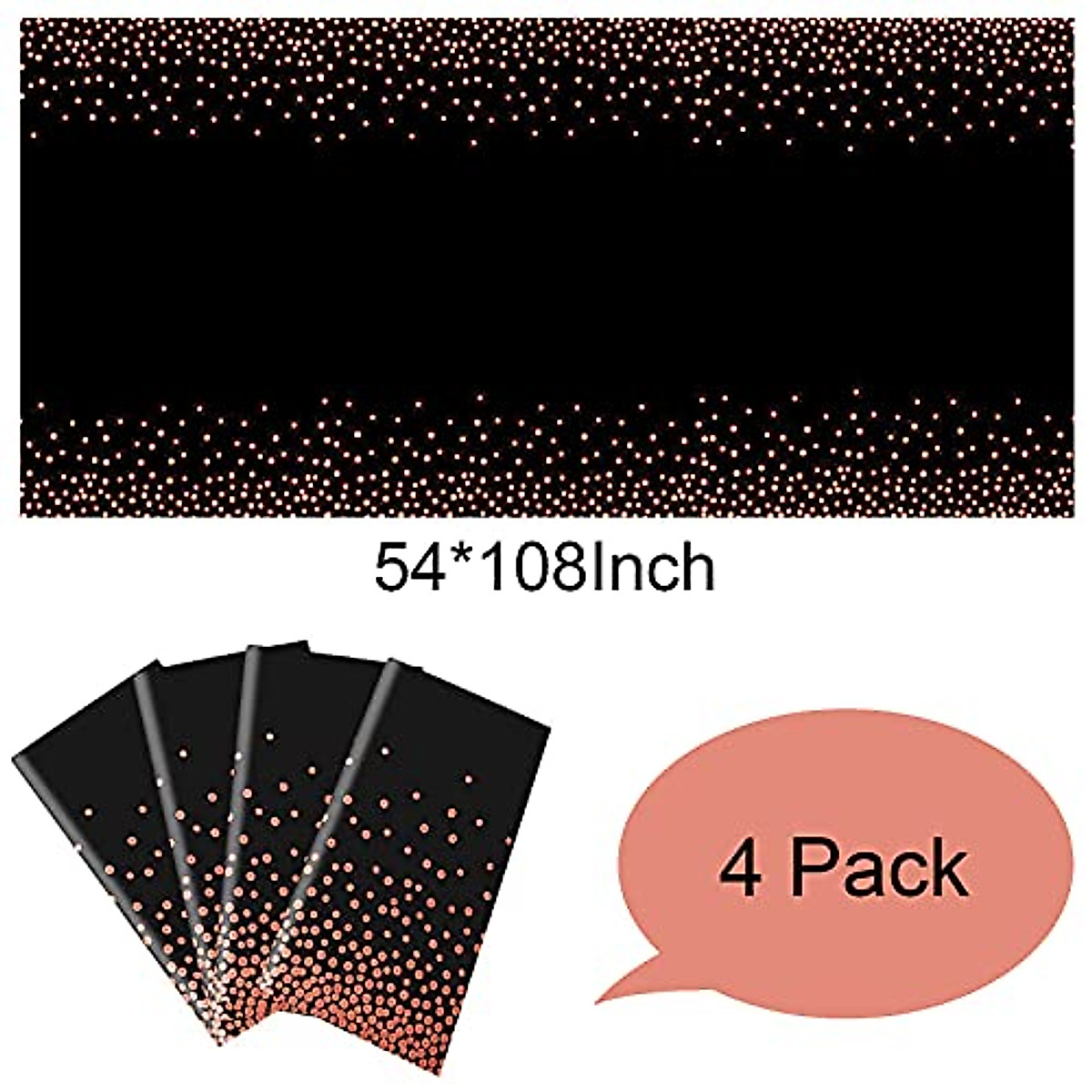 vannyster Black 4 Pack 54x108 Inch Disposable Plastic Tablecloths, Rose Gold Dot Confetti Table Covers for Party Supplies