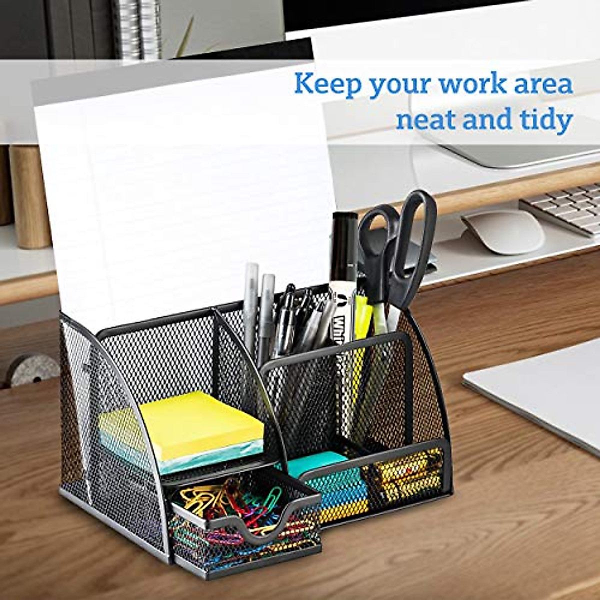 Halter Mesh Desk Organizer - 6 Compartments with Drawer, Multifunctional Organizer for Home and Office Supplies (Black)