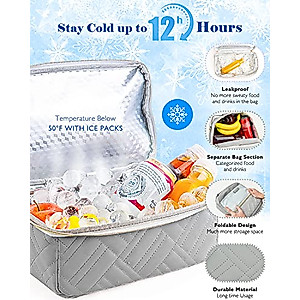 GLORIEROO Lunch Bag Women Men, Large Insulated Lunch Box Tote Cooler - Stylish Vegan Leather 2 Tier Lunch Bag with Adjustable Shoulder Strap for Adults Travel Work, Blue Grey