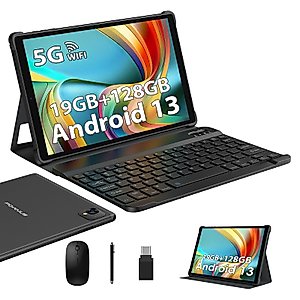 POWMUS 2025 Android Tablet 10.1-inch Tablet with 128GB ROM,19GB RAM, 1TB Expand, 2.0GHz CPU, 1920 * 1200 Incell Screen, 8000mAh, 8+13MP WiFi BT5.0 GPS Android Tablet with Keyboard and Mouse - Black