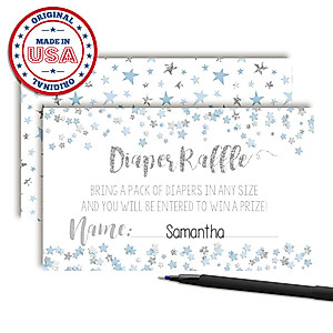 Amanda Creation Blue & Silver Twinkle Little Star Diaper Raffle Tickets for Boy Baby Showers, 20 2" X 3” Double Sided Inserts, Bring a Pack of Diapers to Win Favors & Prizes!