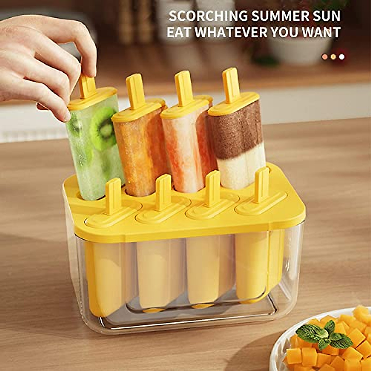 YiChenPlus Ice Tray & Popsicle Mold, 2-in-1 Silicone Ice Tray with Container, 22 Ice Trays + 8 Popsicles, For Whiskey Cocktail Ice Cream Making, 3 Colors to Choose From (Yellow)