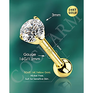 COCHARM 14K Solid Gold Cartilage Tragus Earring Stud 16g Yellow Gold Helix Stud Rings for Women 14KT Gold 6mm Length Piercing Stud