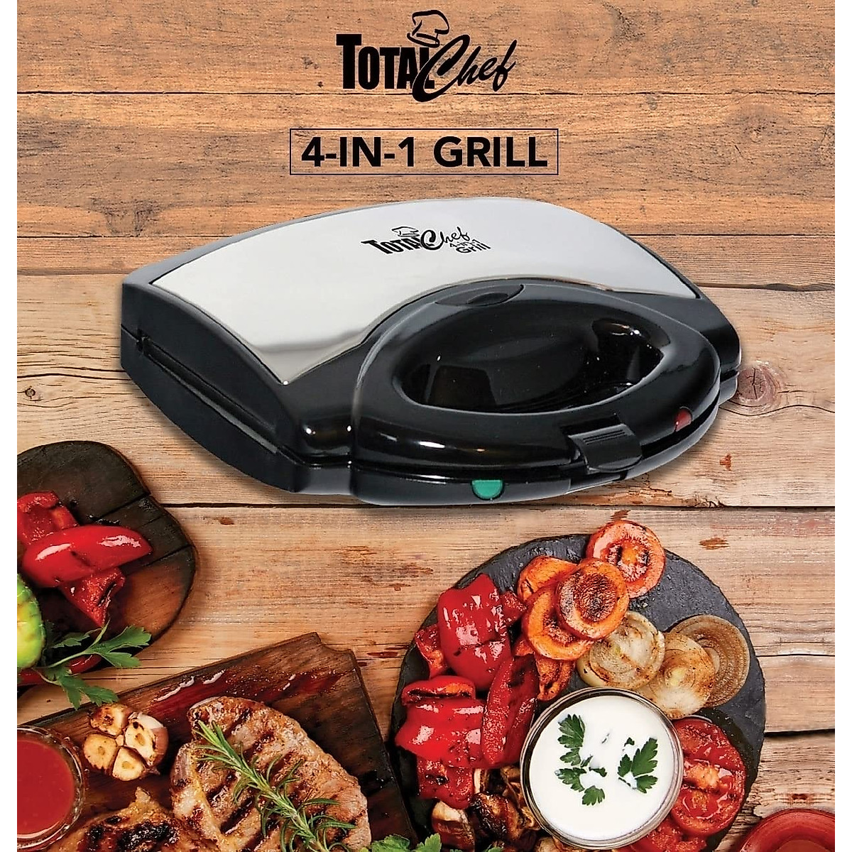 Total Chef 4-in-1 Waffle Maker, Indoor Grill, Sandwich Maker, Panini Press, Electric Griddle, Toaster, Removable Non-Stick Cast Iron Plates, Perfect for Grilled Cheese, Breakfast, Omelets