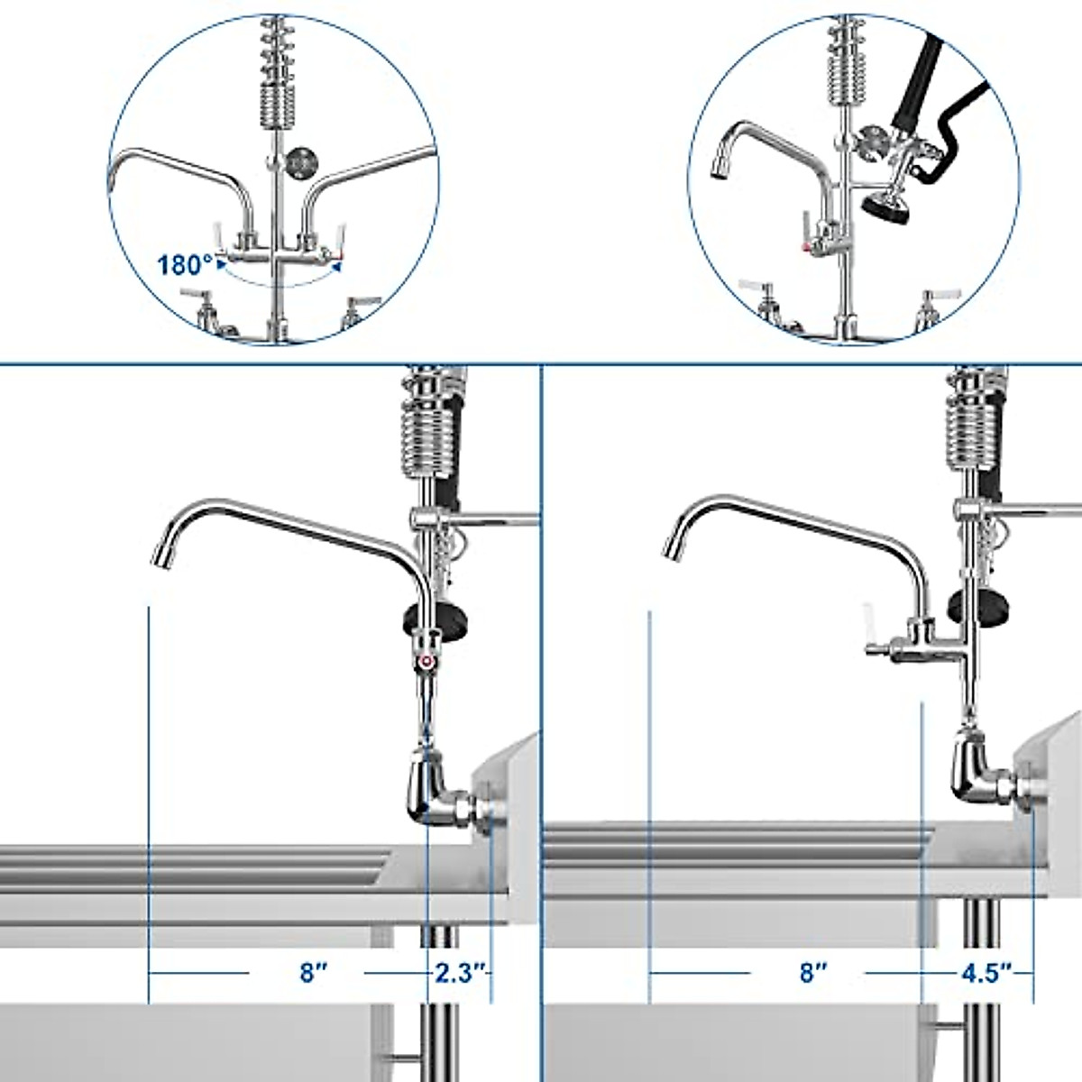 JZBRAIN Commercial Faucet with Sprayer 21" Height Wall Mount Kitchen Sink Faucet Add On Faucet 8" Swing Spout Pre-Rinse Sprayer 8 inch Center for 1 or 2 Compartment Sink