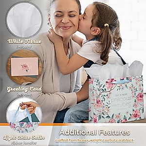 Christian Art Gifts Large Landscape Gift Bag for Moms w/Greeting Card & Tissue Paper Set: More Precious Than Rubies - Prov. 3:15 Inspirational Bible Verse for Mother's Day, Birthdays, Blue/Pink, Large