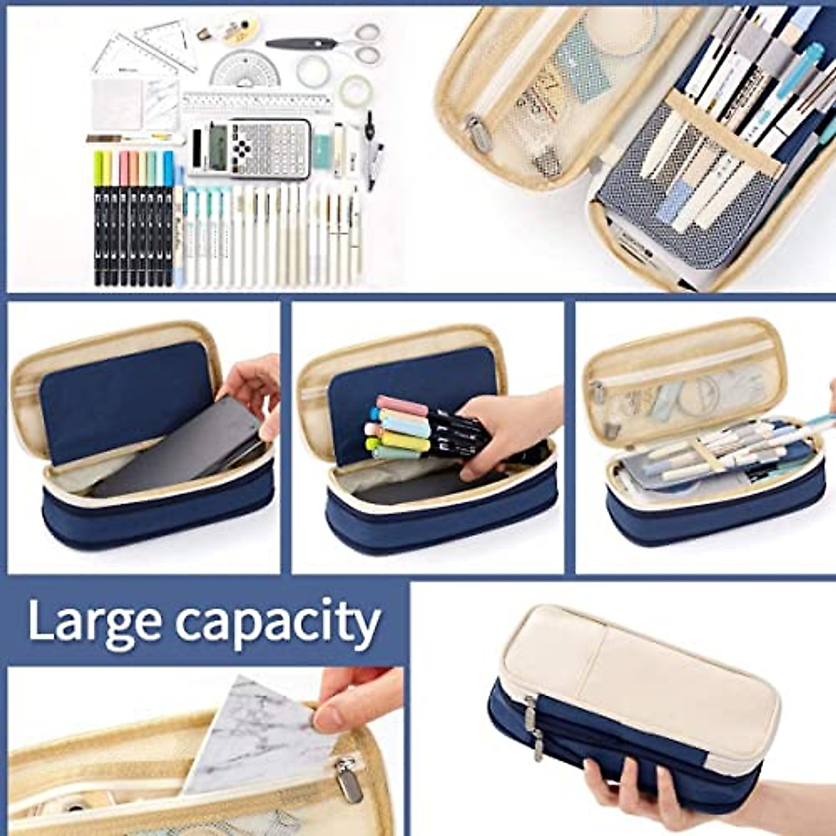 Eaarliyam Pencil Case,Expandable Pencil Case, Large Capacity Pencil Cases Pen Bag Pouch Holder School Stationery Organizer Makeup Cosmetic Bag,Navy+Beige Aesthetic Pencil Case