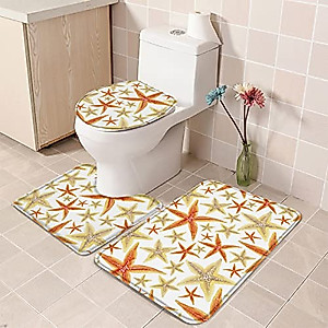 Ocean Starfish Bathroom Rugs Mat Sets 3 Piece, Bath Shower Rugs with U-Shaped Contour Toilet Mat, Orange Yellow Summer Beach Coastal Nautical Small Absorbent Bathtub Runner Rugs Floor Mats