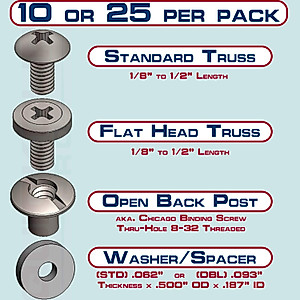 Black Chicago Screw - Thru Hole Binding Post Kit 1/8, 1/4, 3/8, 1/2 Inch Machine Screw Fasteners + Rubber Washers, QuickClipPro Kydex Leather Holster Sheath (1/8" - Flat Head 10 Pack)