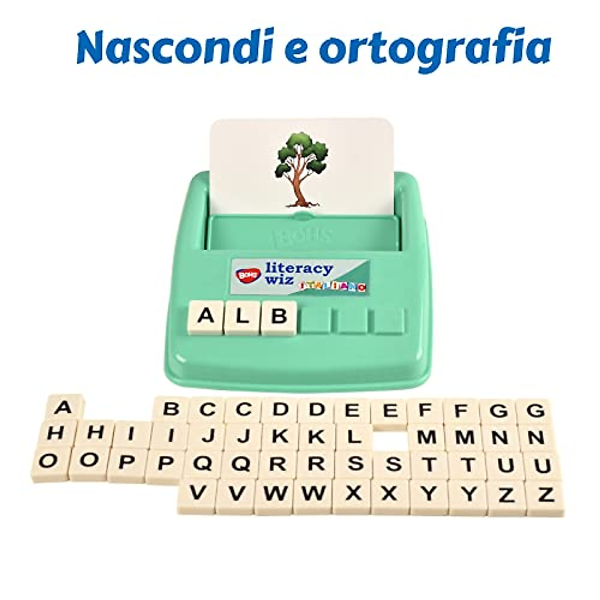 BOHS Italian Literacy Wiz Fun Game - See and Hide Spelling - 60 Flash Cards - Preschool Language Learning Educational Toys