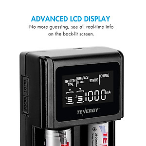 Tenergy TN471U 2-Bay Universal Battery Charger with LCD for Li-ion/NiMH/NiCD Rechargeable Batteries, Micro USB Input, Portable Charger for Batteries Sizes 18650, 16340, 26650, AA, AAA, and More