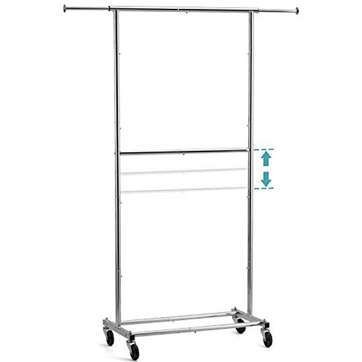 Auledio Expandable Double Rod Clothing Garment Racks On Wheels, Heavy Duty Hanging Clothes Organizer Stand Adjustable Rolling Rack, Chrome
