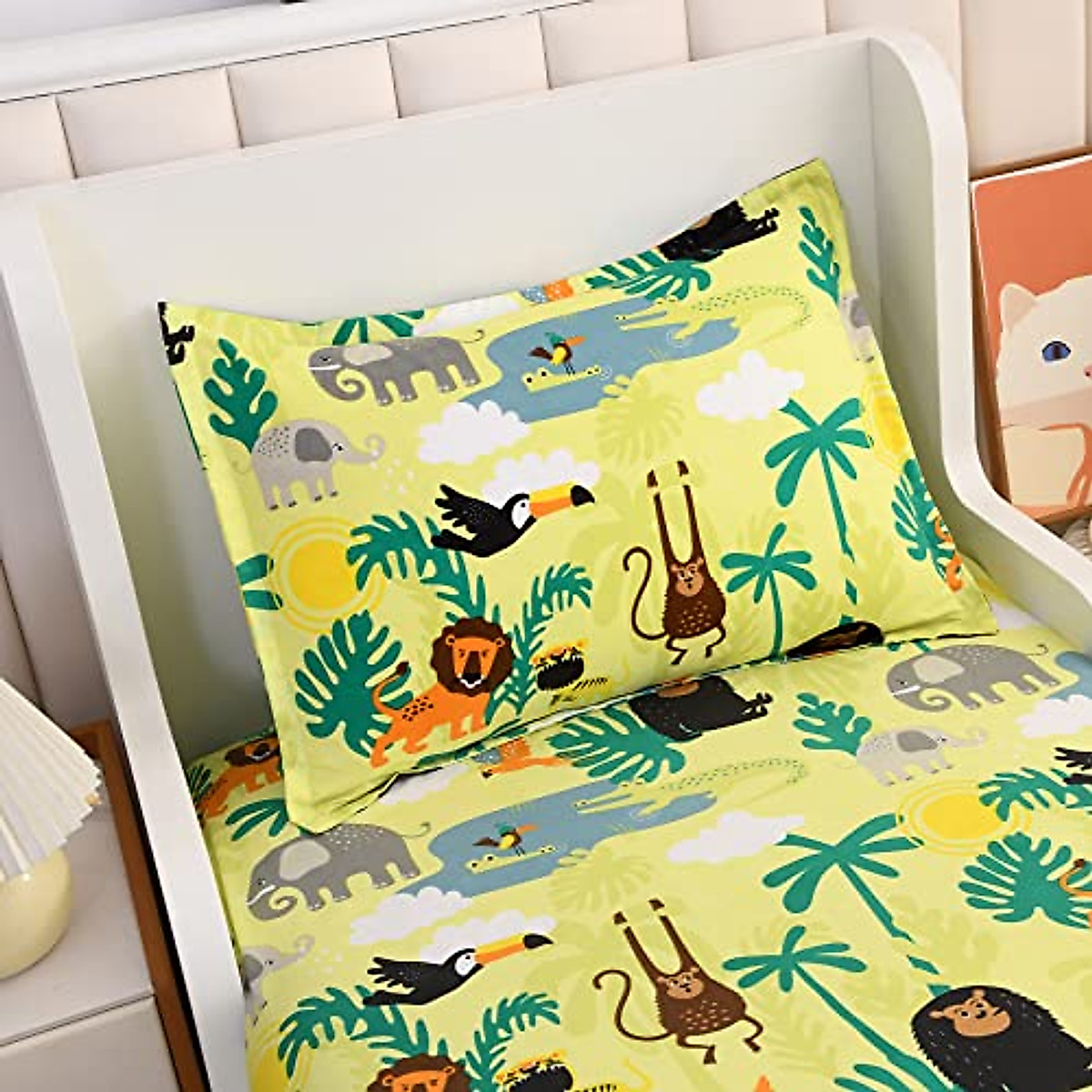KWLOVER 2PC Soft Bed Fitted Sheet and Pillowcase Set for Single Bed, Cute Animals Printed Sheets for Kids Teen Boys Girls Twin Size Bed (Yellow, Twin)