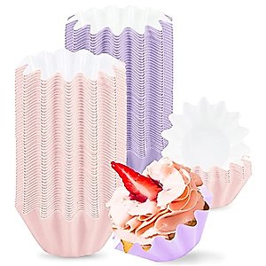 200PCS Wave Cupcake Liners, FULANDL Standard Size Muffin Liners Baking Cups, Greaseproof Coated Cupcake Wrappers for Wedding Birthday Party Baby Shower (100 Purple + 100 Pink)